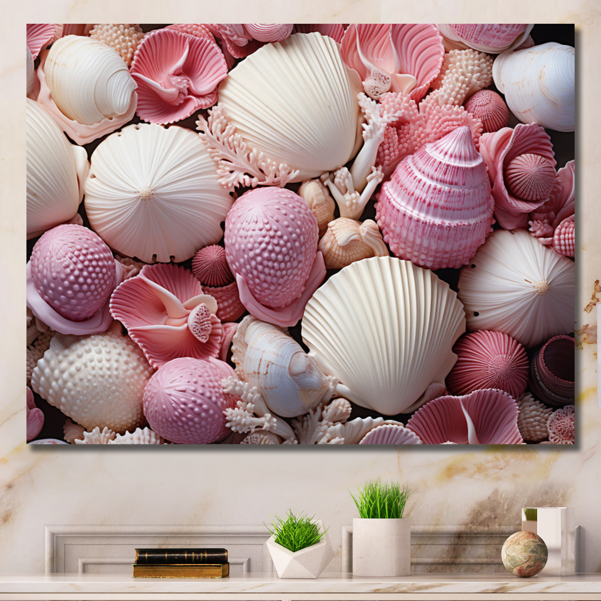 Rosecliff Heights Pink White Shells Seashore Collage II Framed On Canvas Print | Wayfair